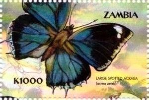 Stamp: Large Spotted Acraea (Acraea zeteb); see description (Zambia ...