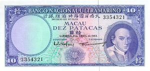 Billete de Banco: 10 Patacas (Macao(1963-1968 Issue) Wor:P-50a.1