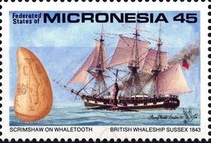 Stamp: Scrimshaw on whale tooth, Sussex, 1843 (Micronesia, Federated ...