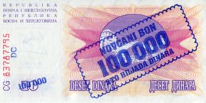 Bankovka: 100,000 Dinara (Bosna a Hercegovina(1993 Novcani Bon ...