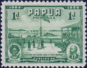 Stamp: Hoisting the Union Jack at Port Moresby (Papua(50th Anniversary ...