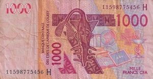 Banknote: 1,000 Francs CFA (West African States(H for Niger) Wor:P-615 Hj