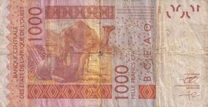 Banknote: 1,000 Francs CFA (West African States(H for Niger) Wor:P-615 Hj