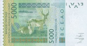 Banknote: 5,000 Francs CFA (West African States(H for Niger) Wor:P-617 Ho
