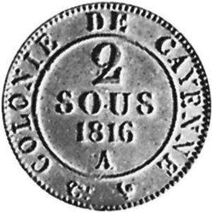 Pièce de monnaie: 2 Sous (Guyane Française(Colonie de Cayenne) WCC:km3