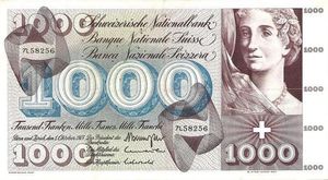 Banknote: 1,000 Franken/Francs/Franchi (Schweiz(1954-1977 Issue ...