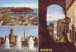 Postcard: Antalya. Fortress interior. Yacht harbour. Clock Tower (Türkiye (Turkey)(Antalya) Col ...