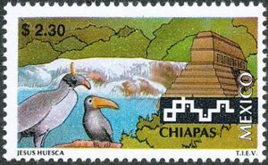 Stamp: Palenque Pyramid and Waterfalls, Chiapas; Birds (Mexico(Tourism ...