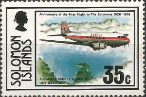 Stamp: Dakota DC3 of Qantas Empire Airways (Solomon Islands(50th Anniv ...