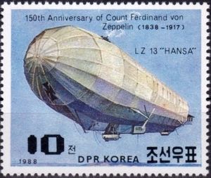 Stamp: LZ 13 "Hansa" (Korea, North(150th birthday of Ferdinand Graf von ...