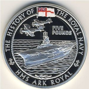 Coin: 5 Pounds (History of Royal Navy. HMS Ark Royal) (Guernsey) (G81 ...