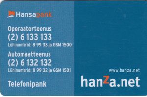 Tarjeta de Banco: Hansapank hanza.net (Hansapank, EstoniaCol:EE-GM-0111