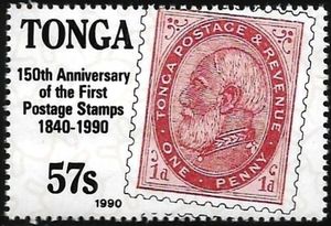 Stamp: 1 Penny Tonga (Tonga(150th Anniversary of the Penny Black) Mi:TO ...