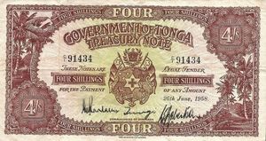Banknote: 4 Shillings (Tonga) (1939-1966 Issue) Wor:P-9c.3