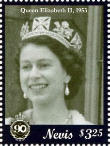 Stamp: Queen Elizabeth II wearing diadem (full face), 1953 (Nevis(90th ...