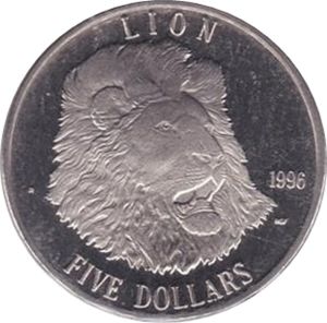 Coin: 5 Dollars (Lion) (Marshall Islands) (1996 - Big cats) WCC:km344