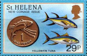 Stamp: Penny coin and yellow-finned tuna (Saint Helena(New Coin Issue ...