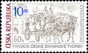 Stamp: Mail Coach on Charles Bridge, stamp from 1966 (Czech Republic ...