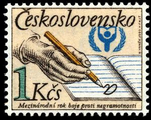 Stamp: Practising Alphabet (Czechoslovakia(UNESCO World Literacy Year ...
