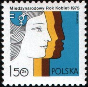 Stamp: IWY emblem, white,yellow and brown women (Poland(Intl. Women's ...