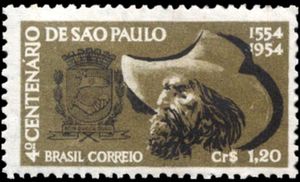Stamp: Arms of Sao Paulo and pathfinder (Brazil(400th Anniversary of ...