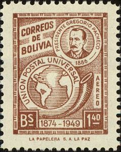 Stamp: Pres. Gregorio Pacheco, map and post horn (Bolivia(75th ...