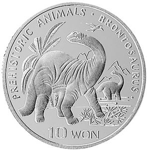 Coin: 10 Won (Prehistoric Animals. Brontosaurus) (Korea, North(1993 ...
