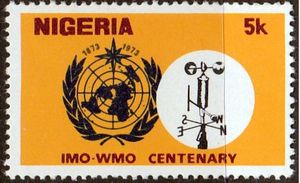 Stamp: IMO WMO Emblem, Cup Anemometer (Nigeria(IMO-WMO Centennary) Mi ...