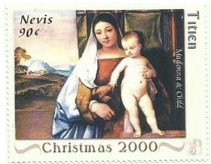 Stamp: "Madonna and Child (The Gypsy Madonna)" (Titian) (Nevis ...