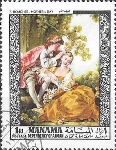 Stamp: "Spring" by F. Boucher (Manama(Old Masters Paintings) Mi:AJ-MN ...