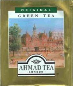 Tea Bag: Original Green Tea, fs ®, bs "OPEN HERE" right, glossy (Ahmad Tea, United Kingdom of ...