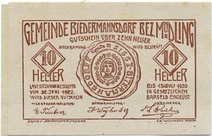 Banknote: 10 Heller (Austrian Notgeld) (Biedermannsdorf) Jak:JPR0087a-10