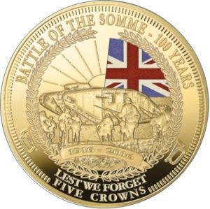 Moneda: 5 Crowns (Battle Of The Somme - 100 Years - Gold Plated ...