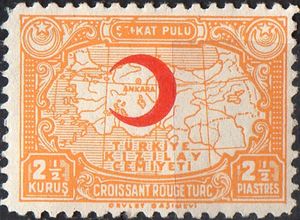 Stamp: Map of Turkey, orange (Türkiye (Turkey)(Red Crescent) Mi:TR Z45I ...