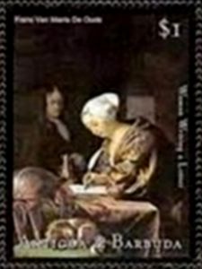 Марка: "Woman Writing a Letter" (Frans van Mieris de Oude) (Антигуа и ...
