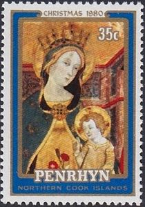 Stamp: Virgin and Child by Serra Brothers (Penrhyn(Christmas 1980) Mi ...