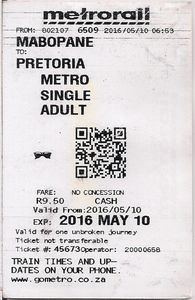 Transport Ticket: Mabopane-Pretoria (Metrorail, South Africa(Machine ...