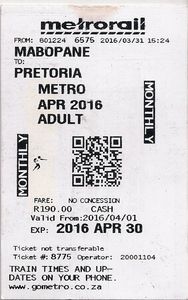 Transport Ticket: Adult monthly ticket (Metrorail, South Africa(Monthly ...