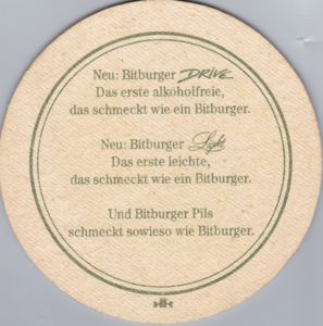 Beer Coaster: Bitburger (Bitburger Brauerei, Germany, Federal Republic ...
