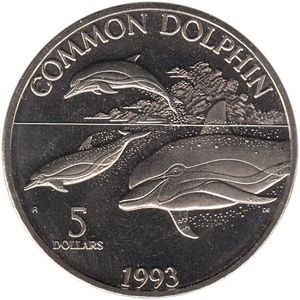 Coin: 5 Dollars (Common Dolphin) (Marshall Islands(1993 - Pacific ...
