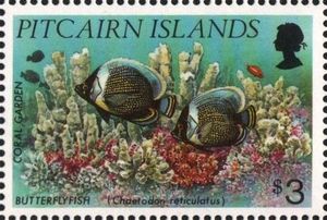 Stamp: Coral Garden and Mailed Butterflyfish (Pitcairn Islands(Corals ...