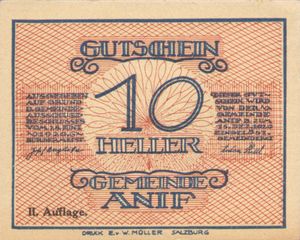Banknote: 10 Heller (Austrian Notgeld(Anif) Jak:43b-10
