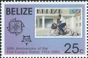 Stamp: 25c Postman on Bicycle Stamp (Belize(50th Anniversary of First ...