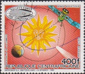 切手: Sun, Russian space probe and diagram of comet trajectory (中央アフリカ共和国 ...