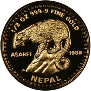 Coin: ½ Asarfi (Nepal Wildlife, Leopard) (Nepal(1988 - Wildlife Leopard ...