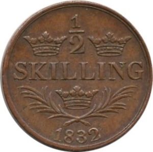 Mynt: ½ Skilling (Sverige(1818~1844 - 58th King Charles XIV John (Carl ...