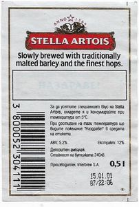 Drink Label: Stella Artois (Pivovara Kamenitza Plovdiv, BulgariaCol:BG ...