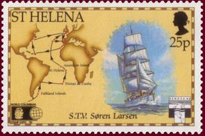 Stamp: "Soren Larsen" (cadet brigantine) and map (Saint Helena) (500th ...
