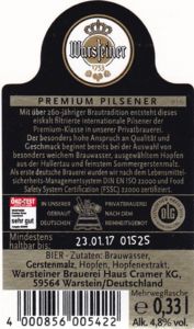 Drink Label: Warsteiner Premium Pilsner (Warsteiner Brauerei Haus ...