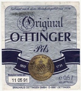 Drink Label: Oettinger Pils (Oettinger Brauerei GmbH, Germany, Federal ...
